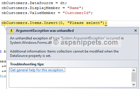 ComboBox Items collection cannot be modified when the DataSource property is set