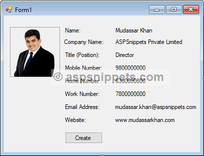 Create vCard in Windows Forms using C and VBNet