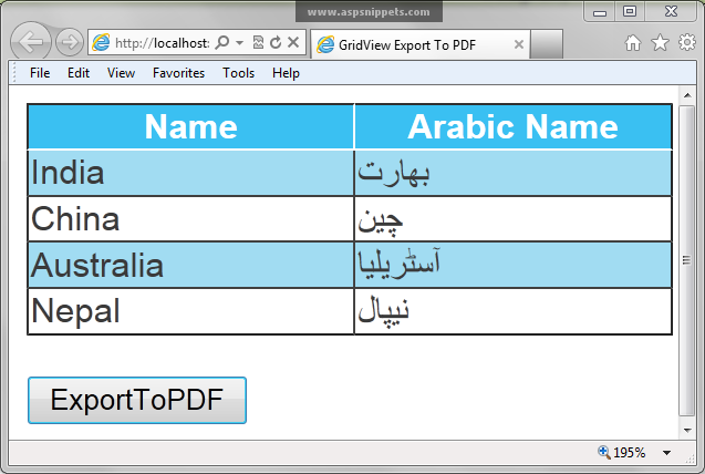 Export ASPNet GridView Arabic Persian or Urdu Language Characters to PDF using iTextSharp