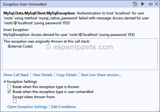 Mysqlexception Access Denied For User Rootslocalhost Using Password Yes Error In Mysql Database