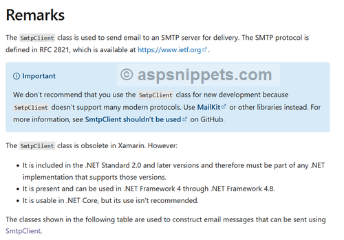 SmtpClient is obsolete Other options to send email
