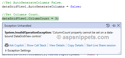 SystemInvalidOperationException ColumnCount property cannot be set on a databound DataGridView ...