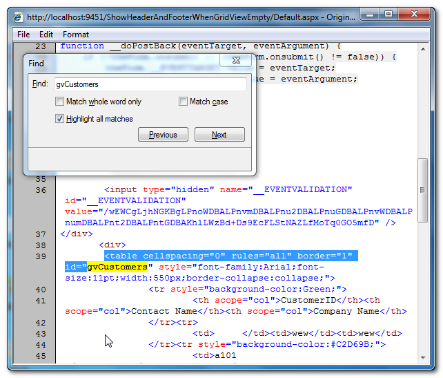 Display Gridview With Empty Message And Header And Footer When No Data In Aspnet