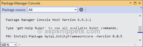 Install MySqlEntityFrameworkCore library using Nuget